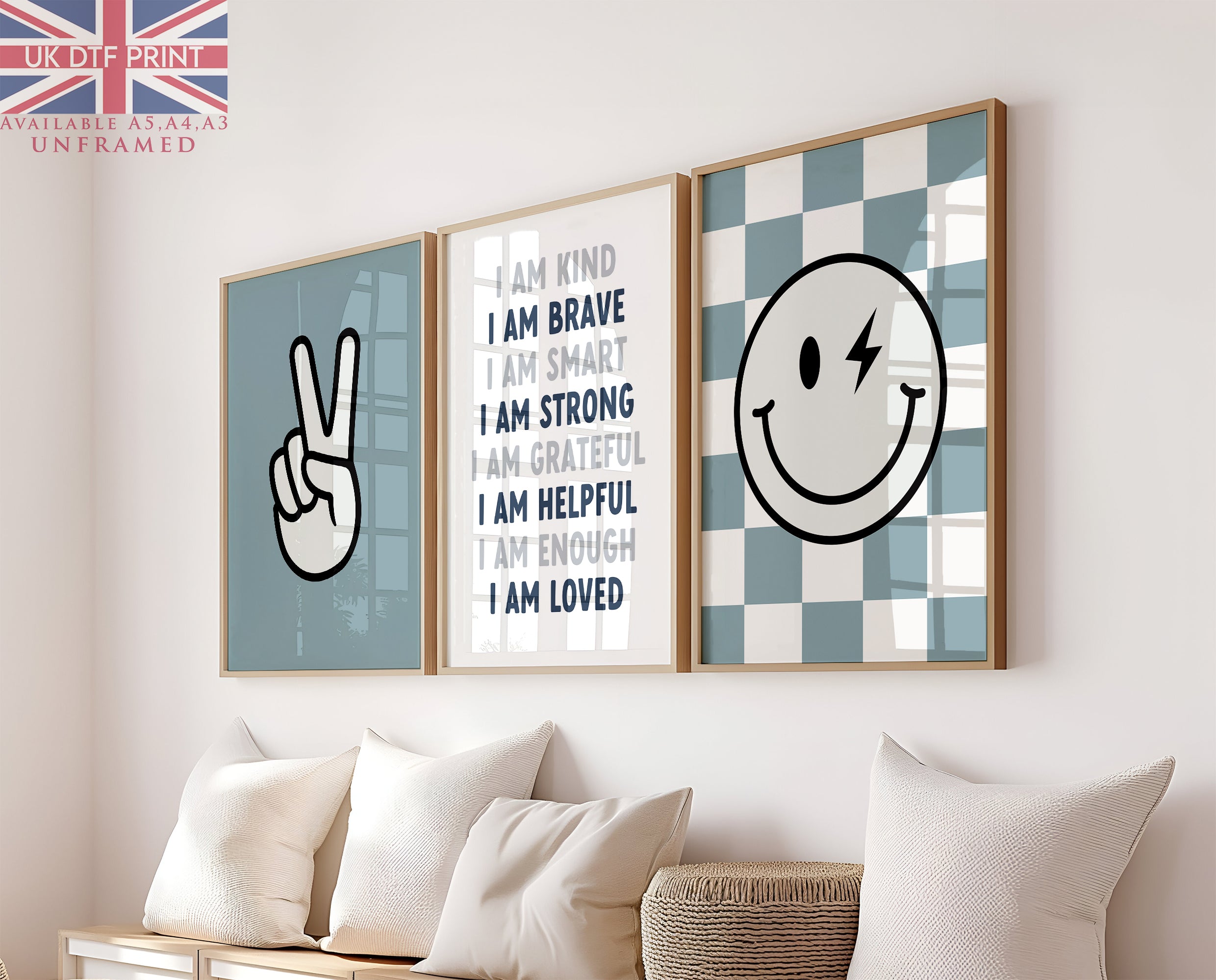 Set Of 3 Wall Art Boys Blue I Am Positive Affirmation – UK DTF Print